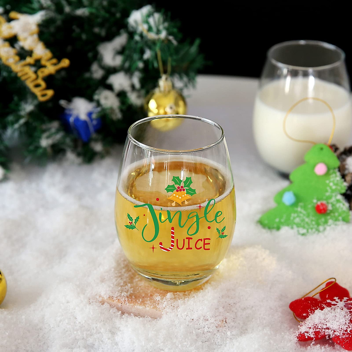 Jingle Juice Christmas Wine Glass, 15 Oz Christmas Stemless Wine Glass for Friends Women Men, New Year Gift Idea for Christmas Wedding Party