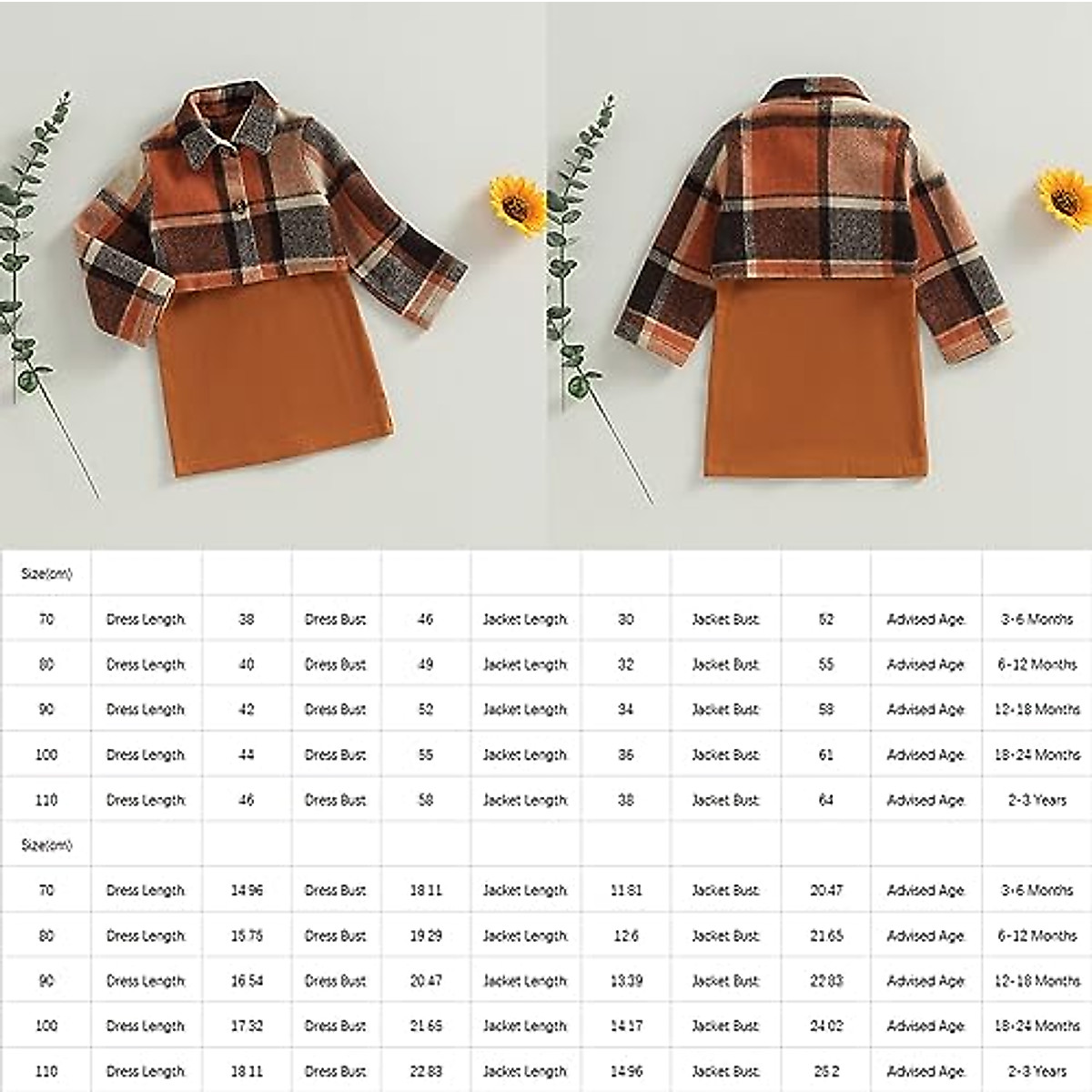 WALLARENEAR 2PCS Toddler Baby Girl Lapel Long Sleeve Button Down Plaid Jackets + Spaghetti Strap Dress Sets (Brown, 2-3 Years)
