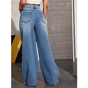 SweatyRocks Women's High Waist Distressed Ripped Baggy Loose Denim Jeans Blue S