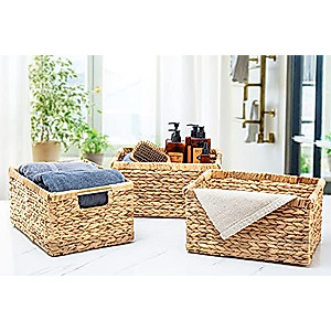 Large Wicker Basket Rectangular with Wooden Handles for Shelves, Water Hyacinth Basket Storage, Natural Baskets for Organizing, Wicker Baskets for Storage 14.5 x 10.3 x 7.5 inches - 3 Pack