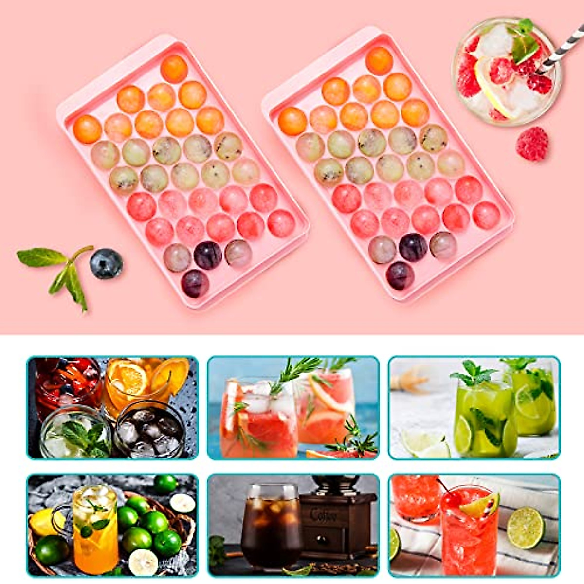 Ice Cube Trays For Freezer, Ice Ball Maker Mold Mini circle Round Ice Cube Mold with Lid 1.2in X 66PCS for Cocktail Whiskey Tea Coffee (Pink)