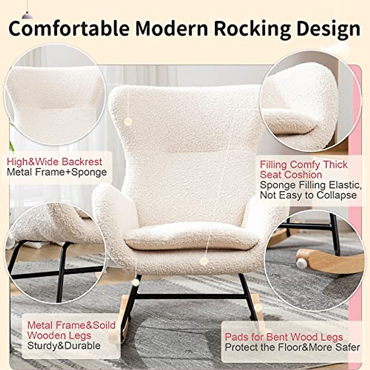 LETESA Nursery Rocking Chair Upholstered with High Backrest and Armrest Accent Chair Cozy Fabric Padded Seat Armchair Single Sofa Accent Glider Rocker for Living Room Bedroom Offices (White)