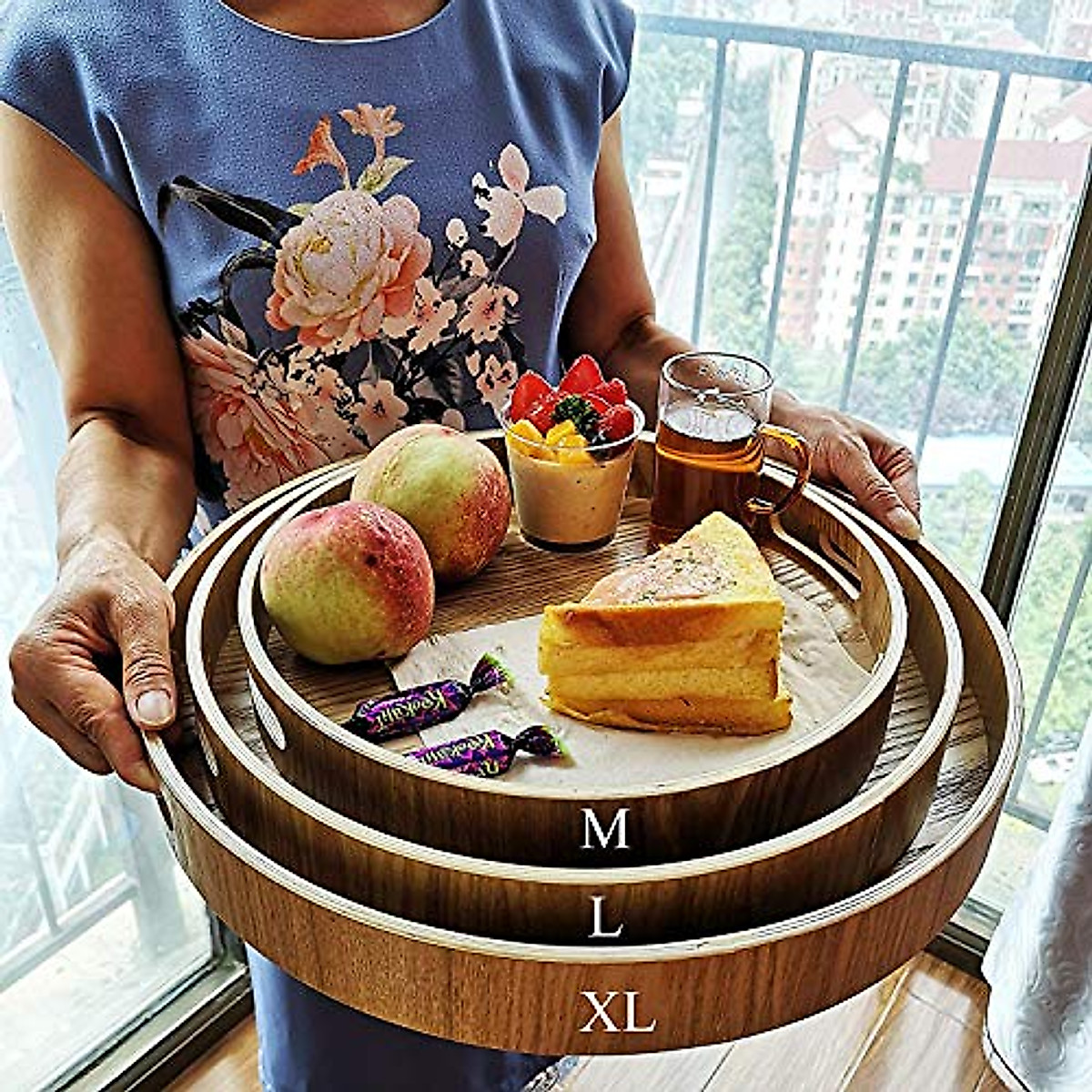 I-lan 14 Inch Wooden Serving Tray Circle, Round Wood Platter with Handles and 2 Inch Raised Side, Natural Wood Grain Circular Ottoman Display Tray Organizer for Food, Snack, Coffee Table, Beige, L