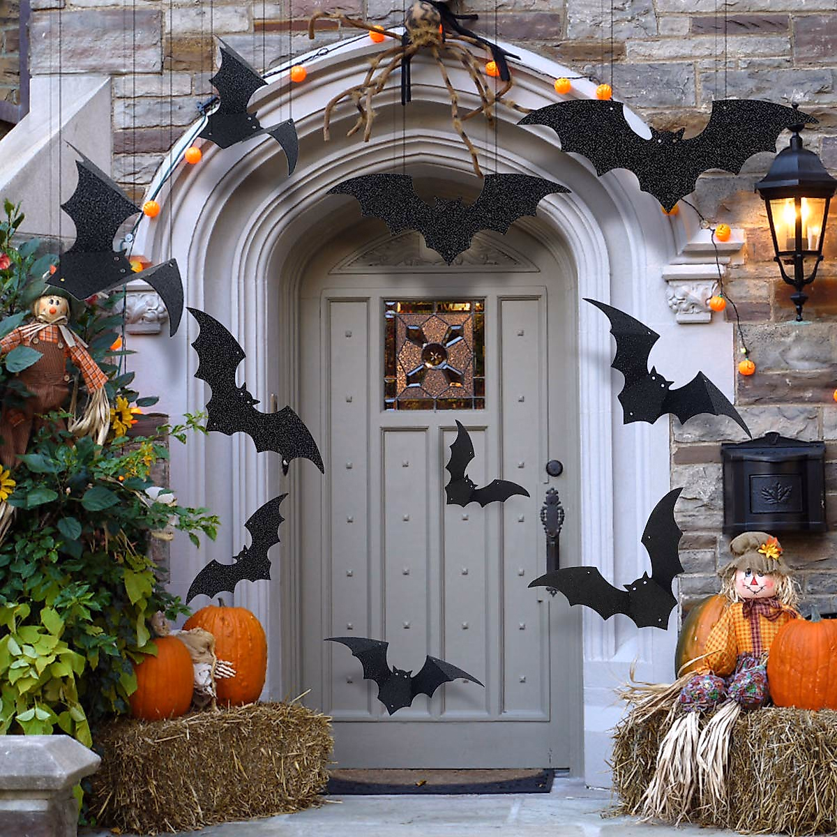 24Pcs Black Hanging Bats Halloween Decorations Outdoor, Flying Bats Hanging Halloween Decorations for Hanging in The Tree, Porch, Yard, Lawn, Indoor