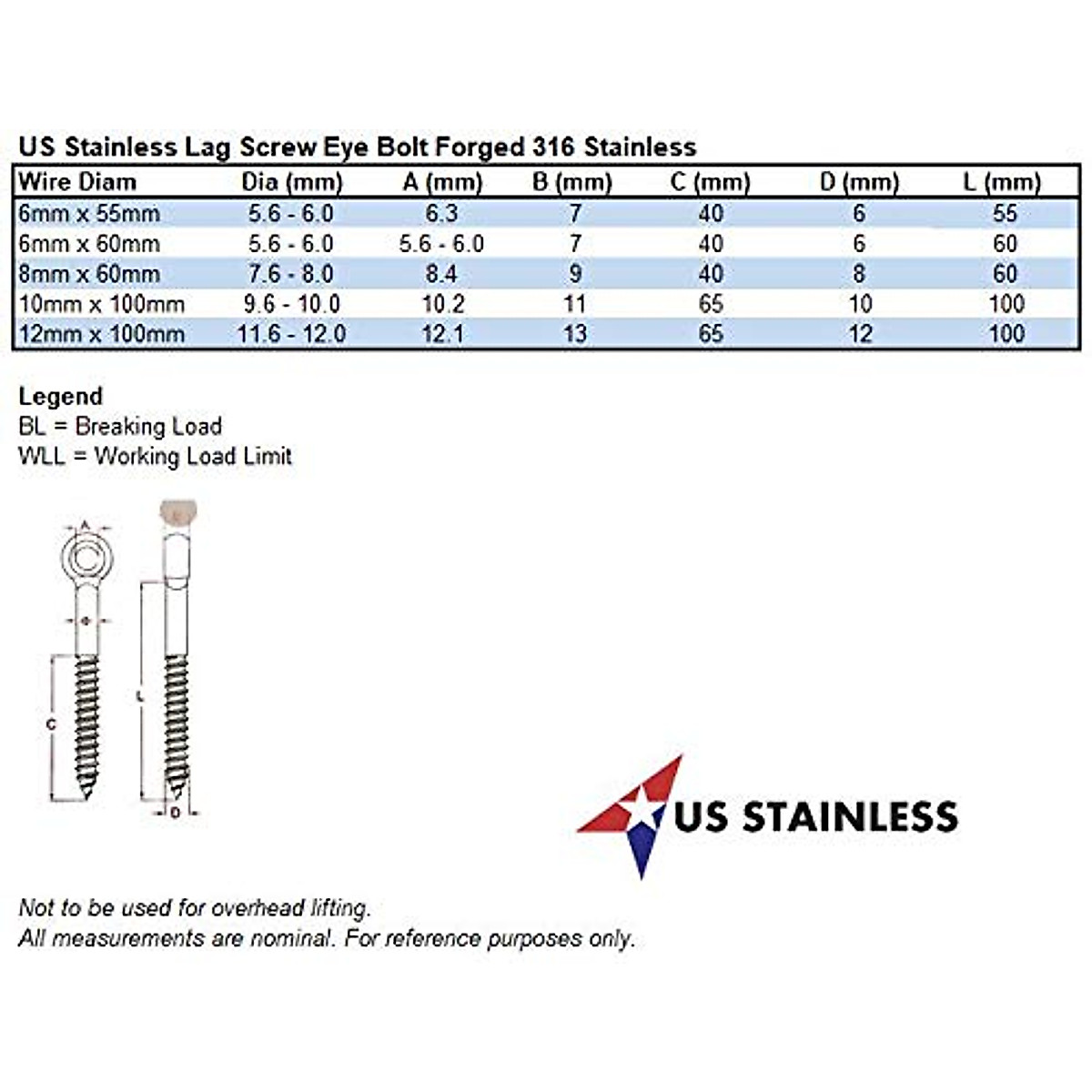 US STAINLESS 2 Pieces Stainless Steel 316 M10 Lag Screw Eye Bolt Forged 10mm x 100mm Marine Grade