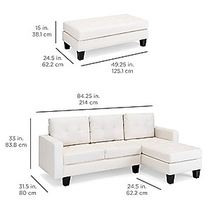 Best Choice Products Tufted Faux Leather 3-Seat L-Shape Sectional Sofa Couch Set w/Chaise Lounge, Ottoman Coffee Table Bench, White