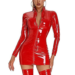 xokesy Women Sexy Leather Dress, Wetlook PVC Leather, Long Sleeve, Plus Size Shiny Latex Hip Skirt Black