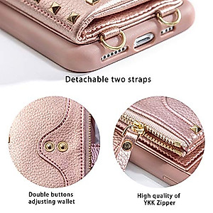 ZVE iPhone 12 and iPhone 12 Pro Wallet Case,iPhone 12 Pro/iPhone 12 Case with Zipper Card Slot Holder Crossbody Shoulder Chain Leather Handbag Purse for Apple iPhone 12 Pro/iPhone 12 6.1" - Rose Gold