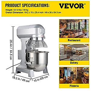 Happybuy 15Qt Commercial Food Mixer with Timing Function， Commercial Mixer 500W Stainless Steel Bowl Heavy Duty Electric Food Mixer Commercial with 3 Speeds Adjustable, Perfect for Bakery Pizzeria