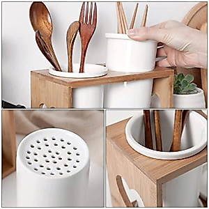 MAEPA Kitchen Utensil Holder Ceramic Utensils Crock Farmhouse Utensil Caddy Cutlery Storage Organizer with Stand for Kitchen Countertop