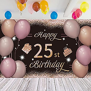 Happy 25st Birthday Backdrop Banner Black Pink 25th Sign Poster 25 Birthday Party Supplies for Anniversary Photo Booth Photography Background Birthday Party Decorations, 72.8 x 43.3 Inch