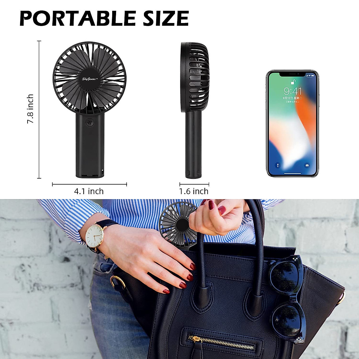 SkyGenius Handheld Fan Rechargeable, Personal Portable Fan 3 speed Levels, USB 4000 mAh Battery Operated [6-30H Worktime] Mini Fan for Girls Kids Women Travel Indoor Outdoor