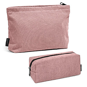 MAGEFY 2 Pcs Makeup Bags for Women, Corduroy Make up Bag for Purse Travel Makeup Bag Small Cosmetic Bags with Zipper Makeup Pouch for Travelling - Dusty Pink