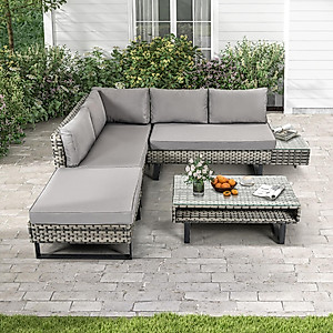 DWVO Patio Furniture Set, Sectional L-Shaped Sofa, for Patio Backyard Poolside Porch, Wicker Conversation Set with Coffee Table & Cushions, Detachable Lounger, All-Weather Rattan, Grey