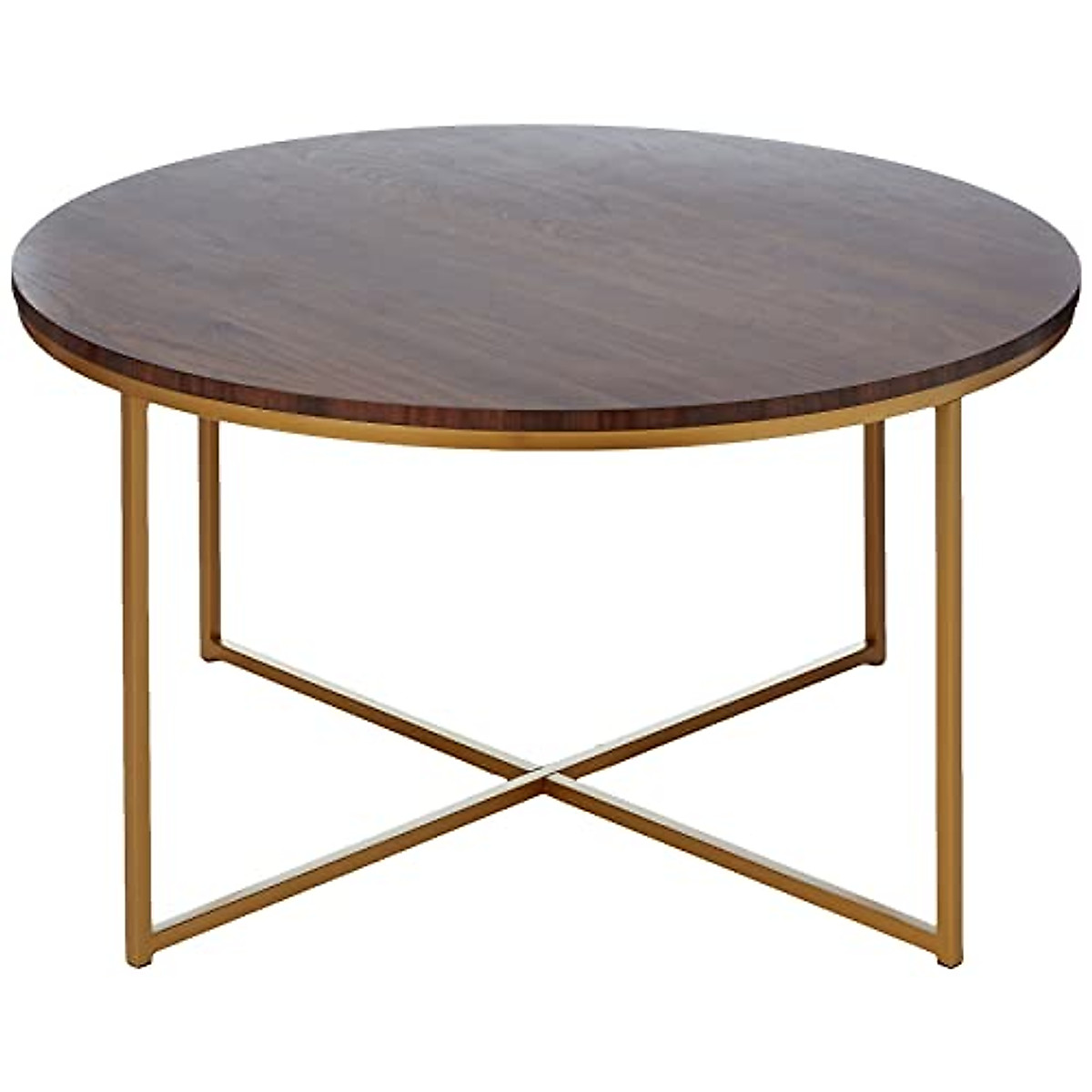 Walker Edison Cora Modern Round Faux Marble Top Coffee Table with X Base, 36 Inch, Walnut and Gold