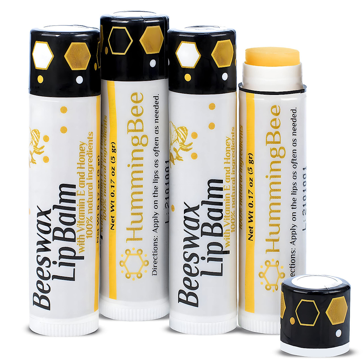 HummingBee Beeswax Lip Balm, Fragance Free, Feel the Difference, Unflavored, Natural Lip Care, 0.17 Ounce, Pack of 4