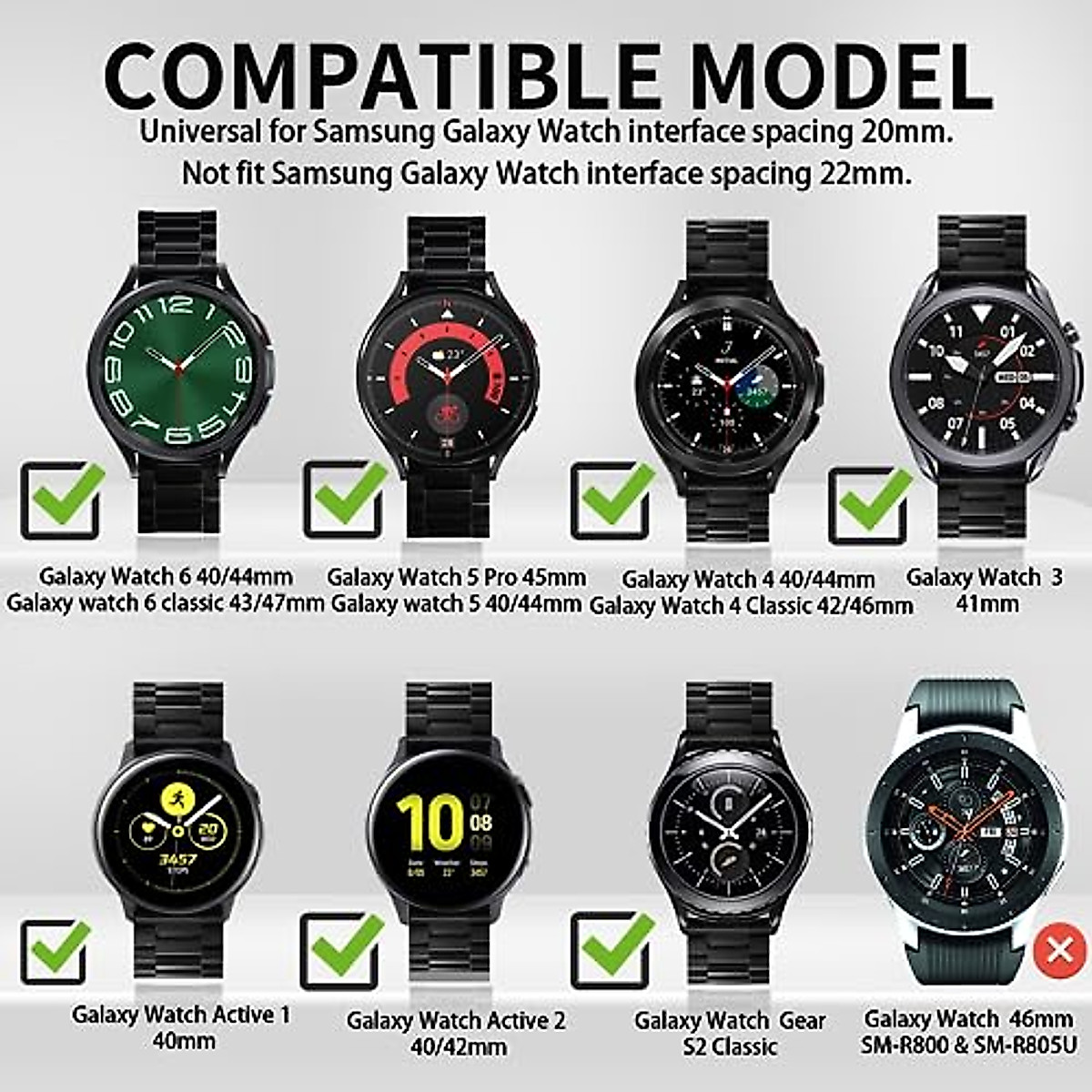 Samsung Galaxy Watch 6 Band Classic 43mm 47mm 40mm 44mm, Samsung Galaxy Watch 5 Band Pro 45mm 40mm 44mm, Samsung Galaxy Watch 4 Band Classic 40mm 44mm 42mm 46mm Men 20mm Metal Business Band Solid Stainless Steel (Black)