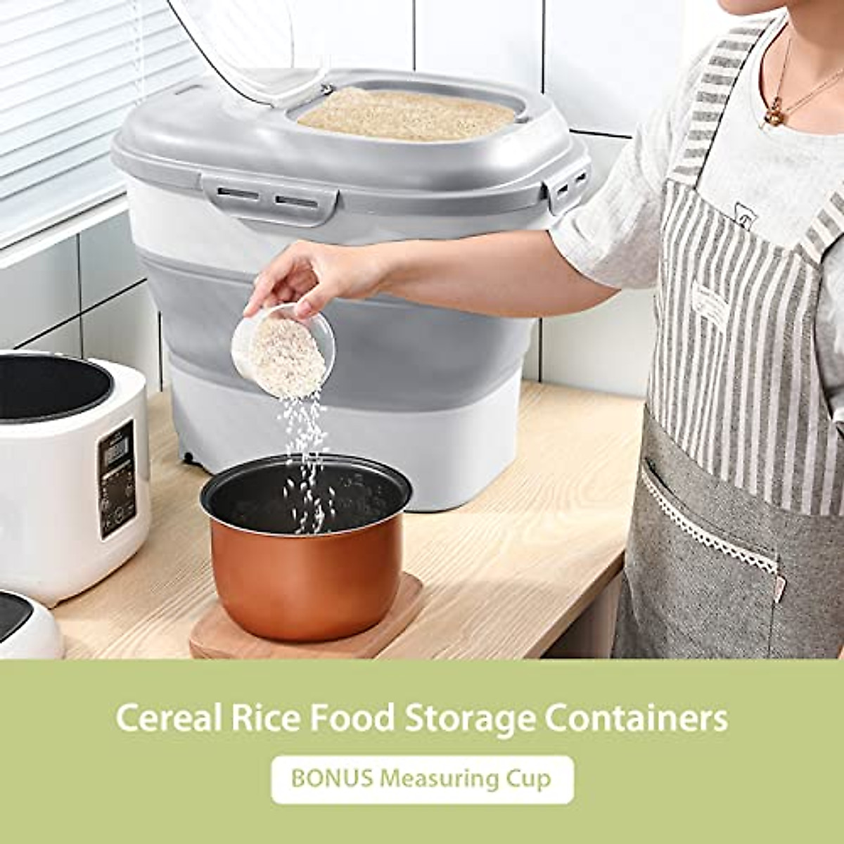 Rice Container Cereal Food Storage, Lockcoo Collapsible Airtight Rice Dispenser 20 to 50 Lbs with Measuring Cup & Wheels, Dry Food Flour Sugar Storage Container Large Kitchen Pantry Holder, Grey