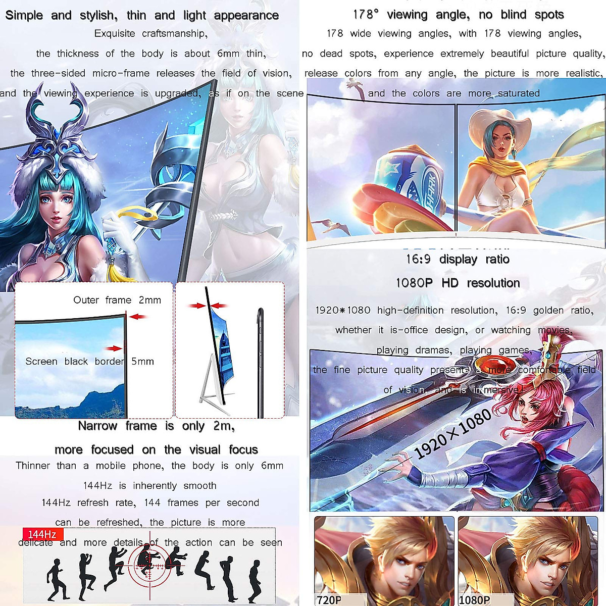 YILANJUN Monitor, Display, 24/27/28/32 Inch Curved/Straight Screen 60/75/144/240 Hz White/Black-red/Black (Multiple Specifications), for Internet Cafes, Living Rooms, Offices