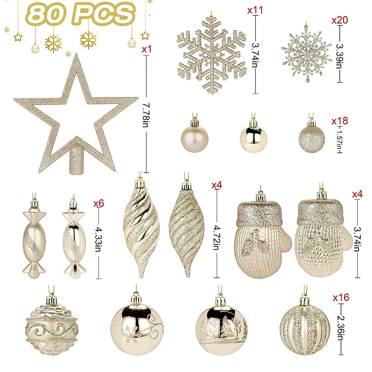 Alupssuc 80Pcs Christmas Balls Ornaments Set, Christmas Tree Decorations, Shatterproof Plastic Christmas Decor Hanging Balls with Hooks for X-mas Party Wedding Holiday, Champagne Gold