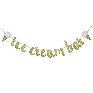 Ice Cream Bar Banner Hanging Garland for Ice Cream Theme Party Birthday Wedding Engagement Baby Shower Party Photo Prop Sign (Gold Glitter)