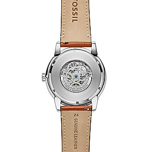 Fossil Men's Townsman Automatic Stainless Steel and Leather Three-Hand Skeleton Watch, Color: Silver, Luggage (Model: ME3154)