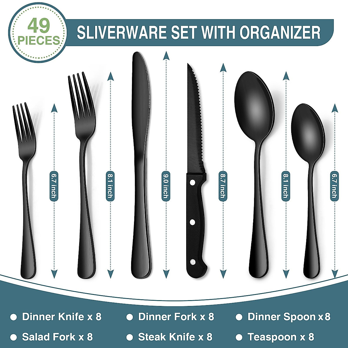 Black Silverware Set, Umite Chef 49-Piece Flatware Set with Drawer Organizer, Durable Stainless Steel Cutlery Set for 8, Tableware Eating Utensils with Steak Knives, Utensil Sets for Home Restaurant