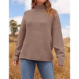 ZESICA Women's Turtleneck Batwing Sleeve Loose Oversized Chunky Knitted Pullover Sweater Jumper Tops,Khaki,Medium