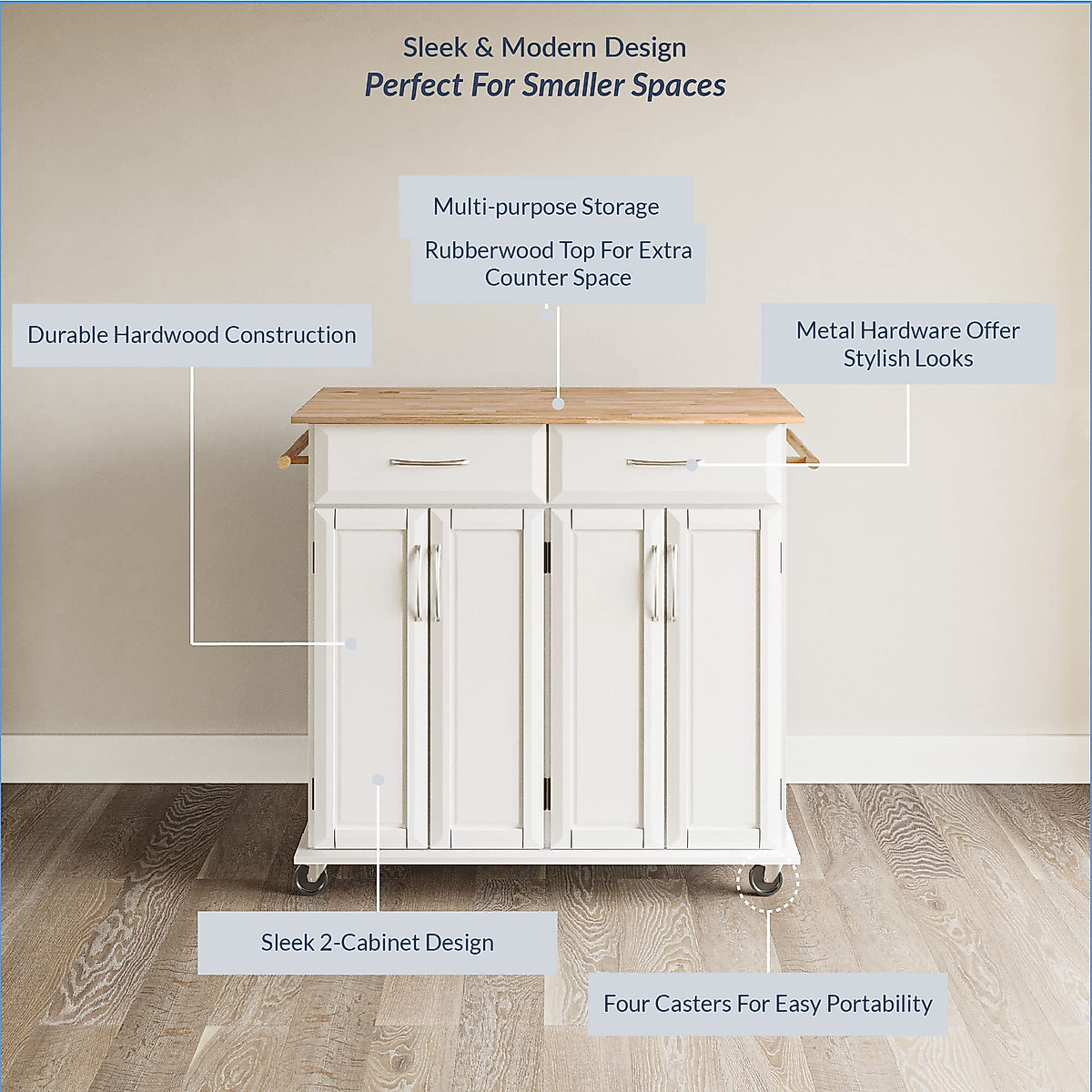 BELLEZE Rolling Kitchen Island Cart on Wheels with Storage Cabinet, Mobile Kitchen Cart Island Table with 2 Drawers Towel Racks Rubber Wood Top Coffee Bar for Dinning Room, 41.7”Lx18.5”Wx37”H, White