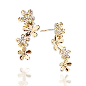 Sonateomber Small Flower Drop Dangle Earrings for Women, Cute Sparkly Rhinestone Zirconia CZ Gold Cascading Daisy Floral Earrings Piercing Hypoallergenic Stud Fashion Jewelry Gift