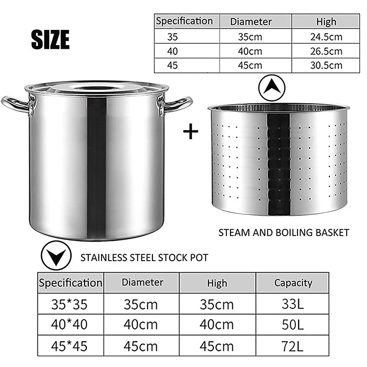 AIZYR 27Qt/45Qt/63Qt Stainless Steel Stock Pot Commercial Heavy Duty Turkey Deep Fryer Crawfish Clam Steamer with Strainer Basket for Soup, Broth & Stock, Chili Casserole,40cm/15.7inch
