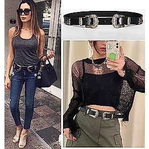 ALAIX Women's Belt Western Vintage Style Genuine Leather Belt Two Buckles Waist Belts for Jeans Dress Pants Silver