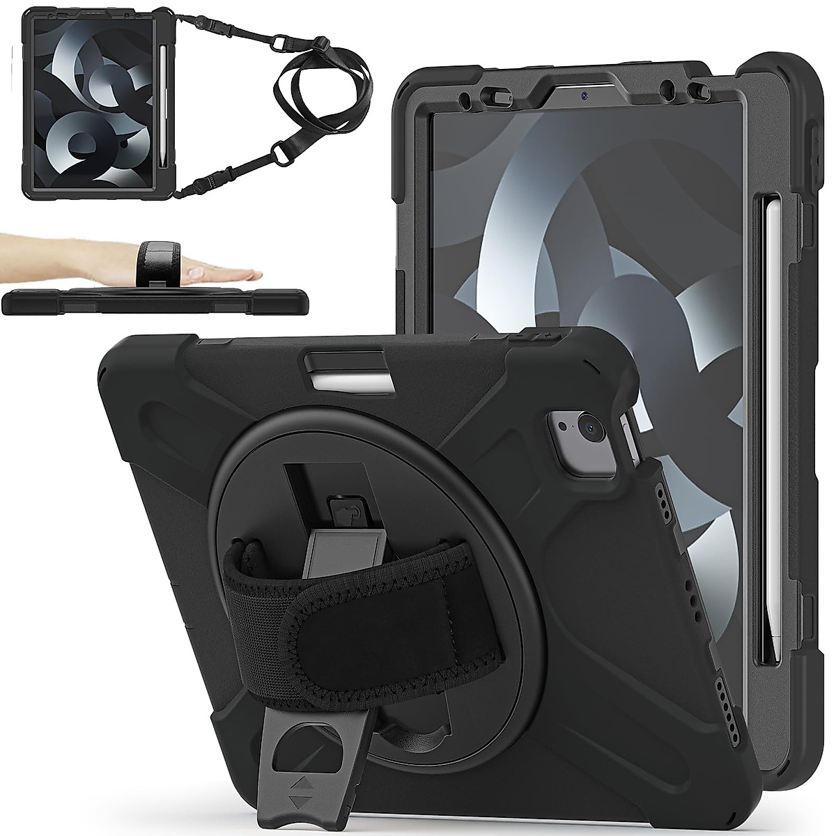 ZenRich iPad Air 5th Generation Case 2022, iPad Air 4th Generation 10.9 inch Case with Pencil Holder/Stand/Hand Strap/Shoulder Belt, Shockproof Case for iPad Air 10.9'',Black