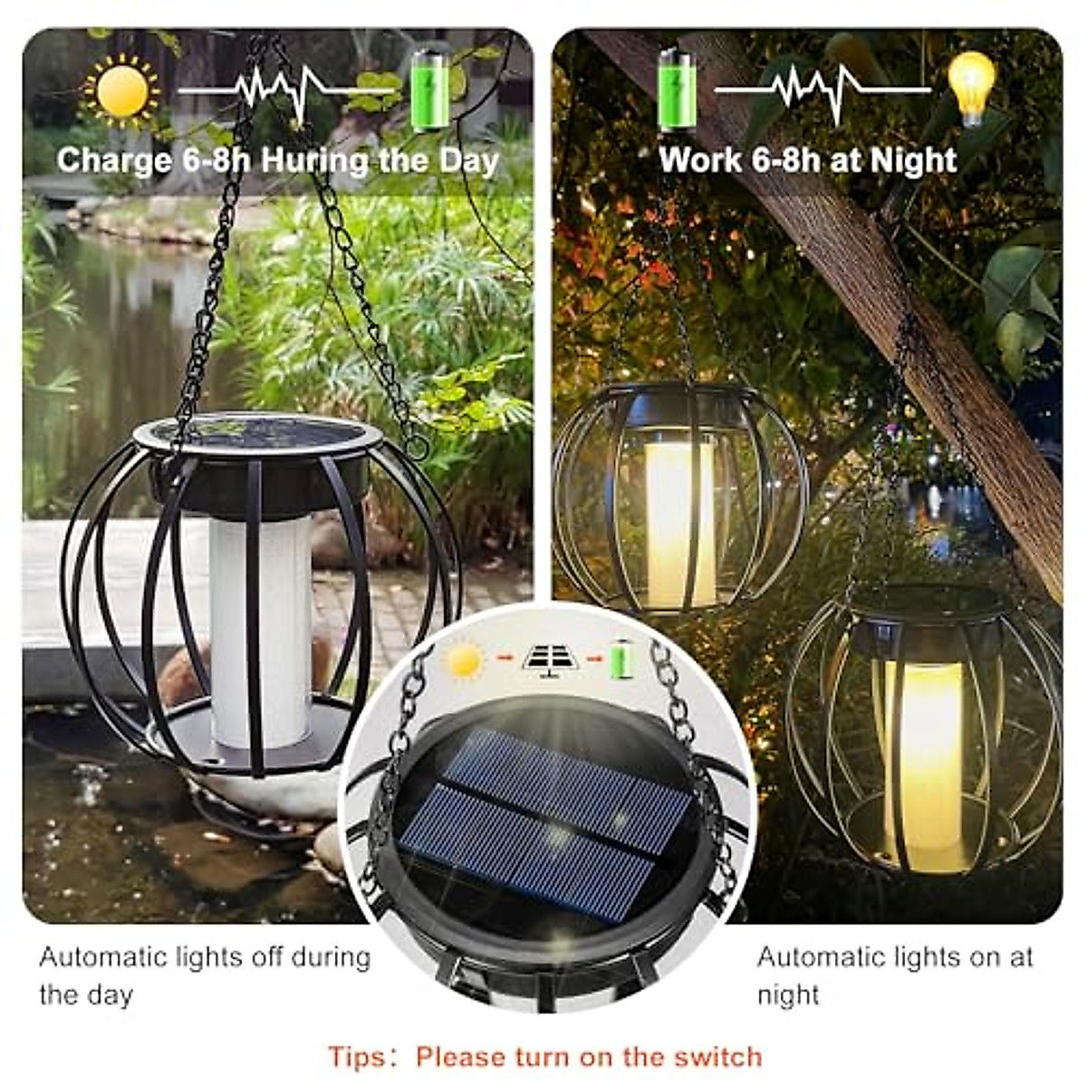 Solar Lantern Outdoor, Outdoor Lights with Crystal Shining Effect, Hanging Solar Lights Waterproof Powered Outdoor Lights Metal Decorative Lighting with Hook (Warm 1Pack-Black)