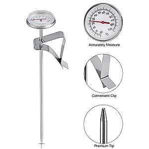 Milk Thermometer, Food Coffee Foam Frothing Temperature Stainless Steel Probe Clip Barista for Drinks Chocolate Liquid Water Candle Meat Cooking Turkey Grill Instant Read Probe Calibrable Large Dial