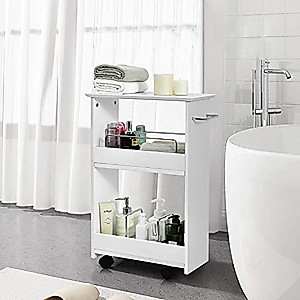 ARLIME 3 Tier Bathroom Storage Cart, Wooden Rolling Storage Cabinet w/ Towel Rack and Side Handle, Lockable Wheel, Side Storage Organizer for Bathroom Kitchen Laundry