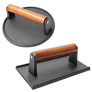 BBQ Future Round Burger Press and Rectangle Cast Iron Grill Press for Blackstone, Weber, Ninja, Royal Gourmet, Pit Boss Grills etc, Wood Handle Smash Steak Meat Weight Griddle Press (7.1" & 8.3x4.3)