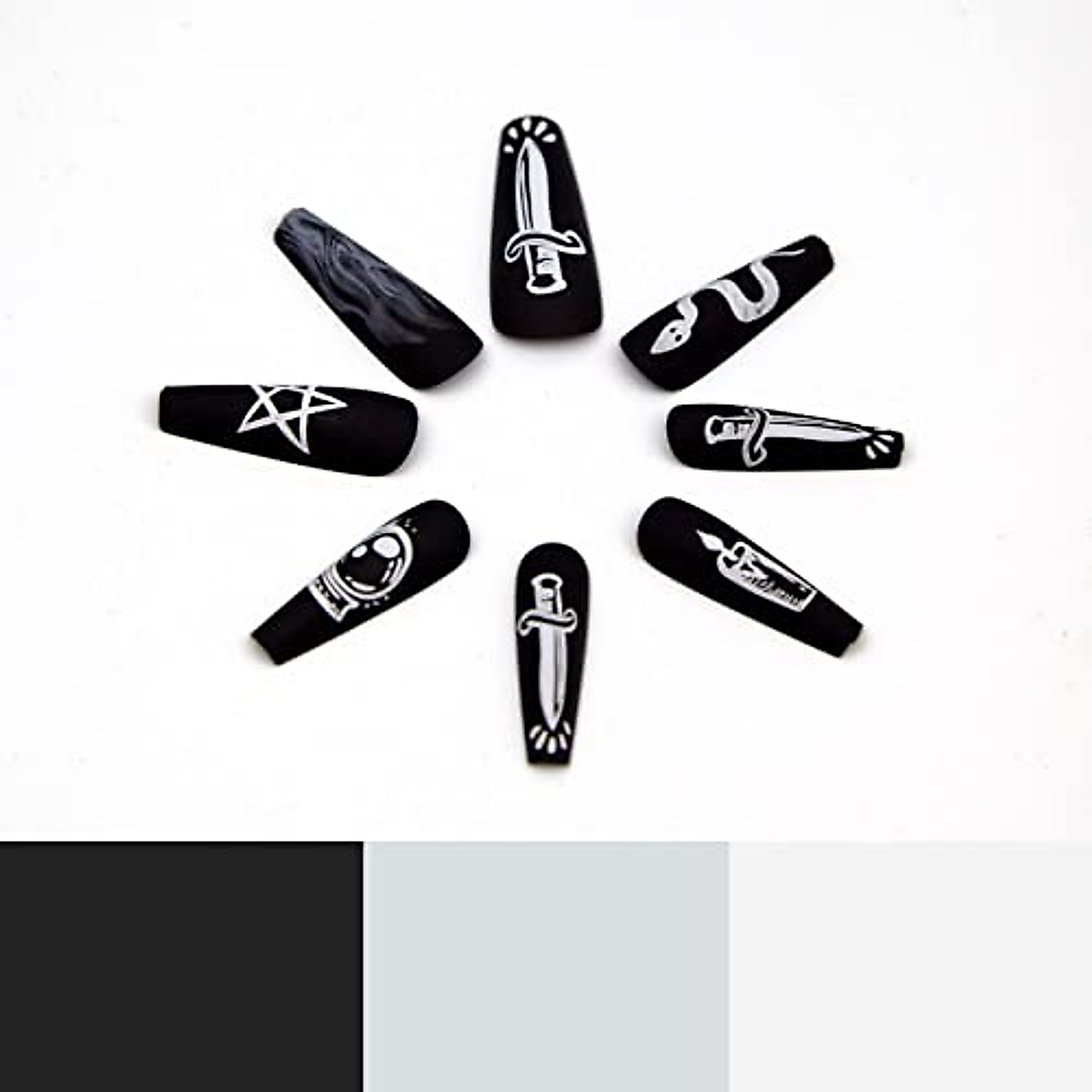 Fantasticlady Medium Coffin Press On Nails,Dark goth grily style with Tarot Design,Black undertone False Nails,Matte On Nails for Women and Girls