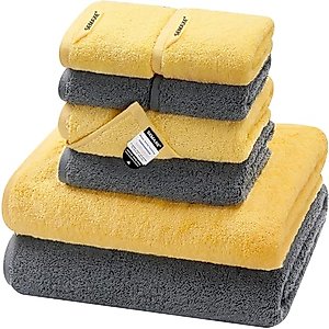 SEMAXE Bath Towel Set for Bathroom, 100% Cotton Bathroom Towels with Hanging Loops and Nano-Bio Lifecycle Labels, 8 Piece Towel Set Include 2 Bath Towels, 2 Hand Towels, 4 Washcloths, Yellow & Grey