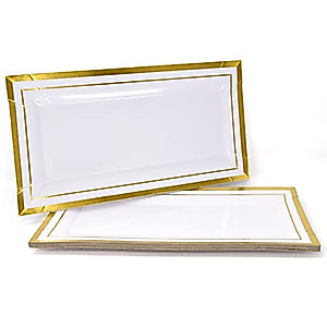 10 White Rectangle Trays with Gold Rim Border for Elegant Dessert Table Serving Parties 14" X 7.5" Heavy Duty Disposable Paper Cardboard for Platters Cupcake Display Birthday Party Weddings Food Safe