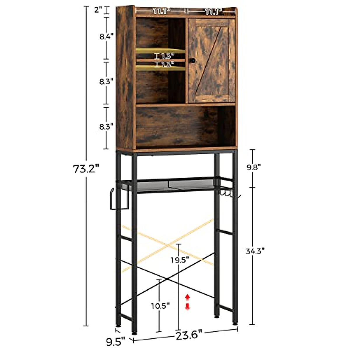 Rolanstar Over The Toilet Storage Rack with Cabinet, 5-Tier Bathroom Space Saver with Adjustable Shelf, Freestanding Bathroom Organizer, Multifunctional Bathroom Toilet Rack, Rustic Brown