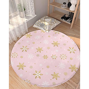 Blush Pink Snowflake Fluffy Round Area Rug Carpets 3.3ft, Plush Shaggy Carpet Soft Circular Rugs, Non-Slip Fuzzy Accent Floor Mat for Living Room Bedroom Nursery Merry Christmas Romantic Gold White
