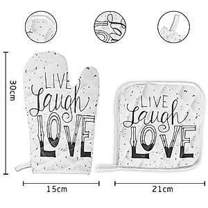 Set of Oven Mitt and Pot Holder Live Laugh Love Quote Oven Gloves Heat Resistance Non-Slip Surface for Kitchen BBQ Cooking Baking Grilling,Black White