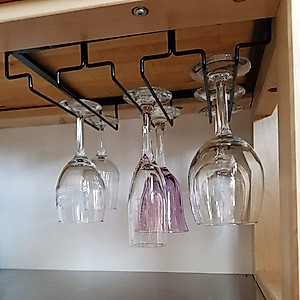 3 Rows Wine Glass Rack Under Cabinet Black Stemware Holder Storage Hanger Metal Organizer for Bar Kitchen Shelf