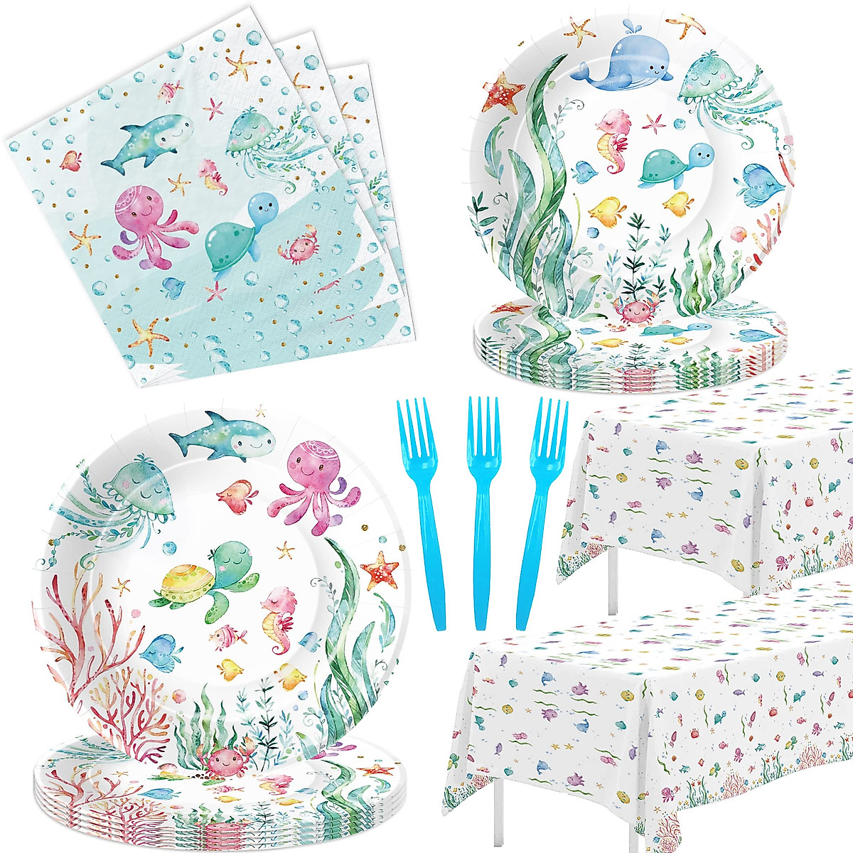 APOWBLS Under The Sea Party Decorations Dinnerware For Ocean Theme Birthday Baby Shower, Ocean Under The Sea Party Supplies, Plate, Napkin, Tablecloth, Underwater Sea Life Party Tableware, Serve 24