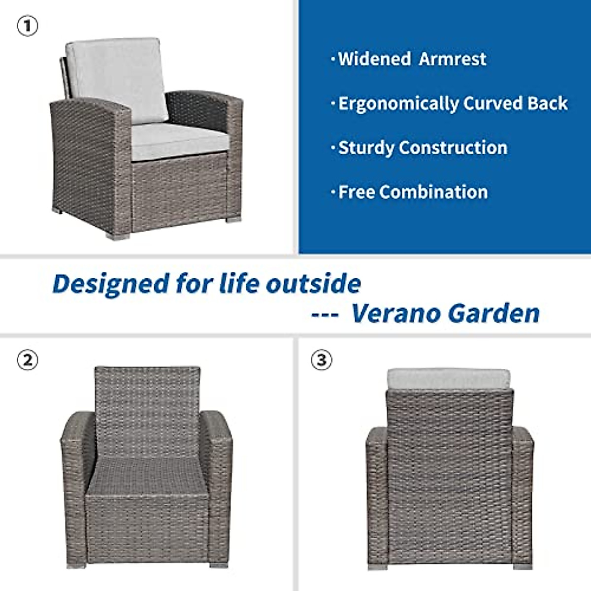 Verano Garden 4 Piece Patio Conversation Set,All Weather Rattan Wicker Patio Furniture Set with Thick Cushions and Tempered Glass Coffee Table for Porch, Backyard, Patio, Dark Gray (Light Gray)