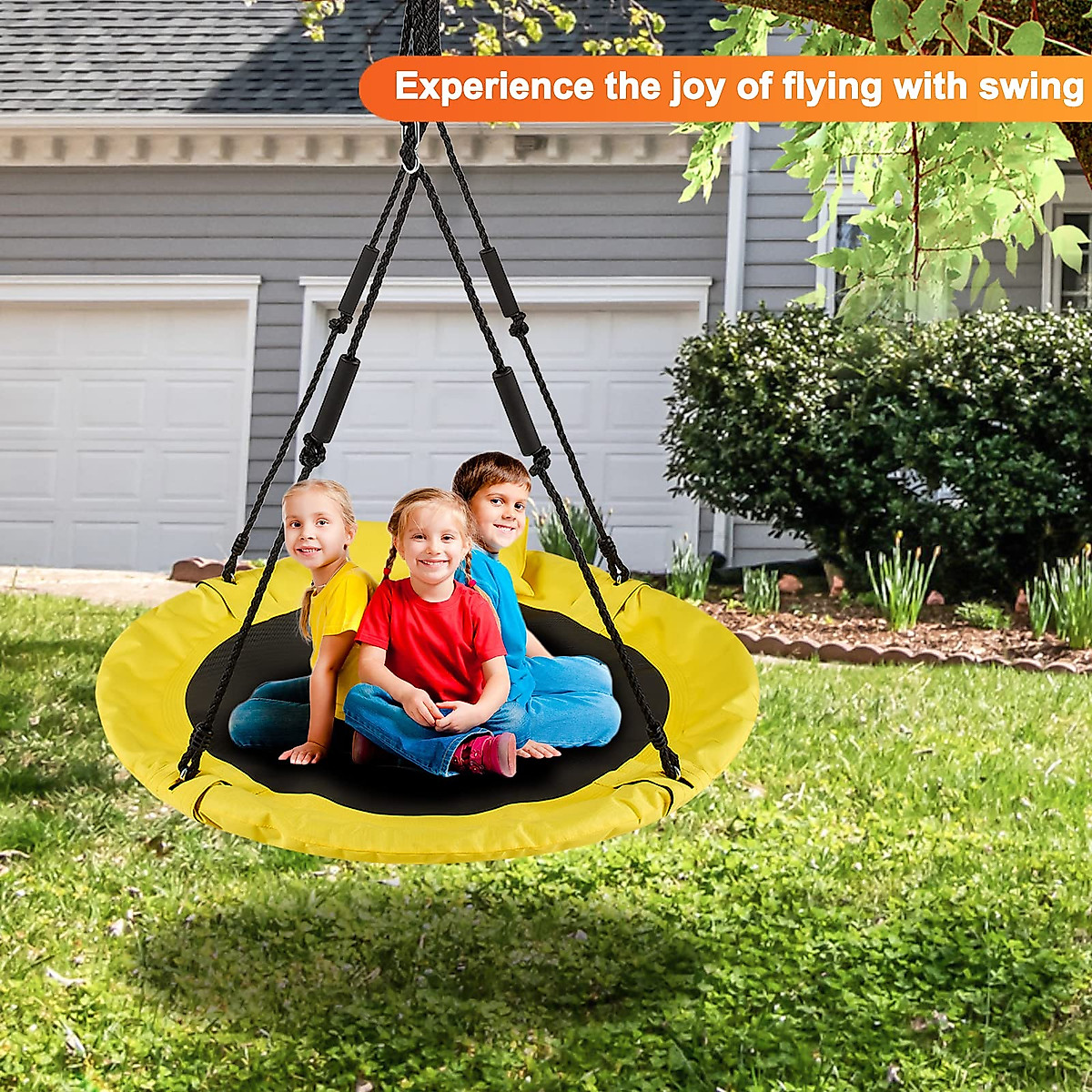 Saucer Tree Swing for Kids, LITTLELOGIQ 40 Inch Outdoor Swing Sets for Backyard, Round Flying Swing with 2 Hanging Straps, 700lb Capacity, Adjustable Ropes, Easy Setup, for Adults & Kids - Yellow