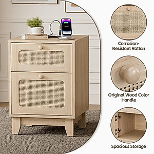 Callales Modern Wicker Rattan Stand,Rattan Stand with Drawer and Charge Station, Wooden Side End Table for Small Spaces, Natural Wood BedsideTable for Bedroom,Easy Assembly (with Charging Station, 2)