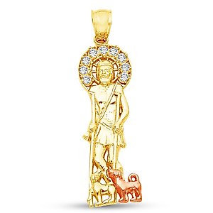 14K Two 2 Tone Rose and Yellow Gold Ornate St. Lazaro Pendant Charm with CZ Cubic Zirconia Accents (31x10 mm)