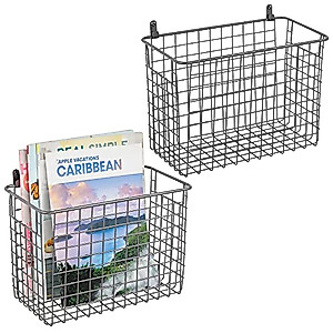 mDesign Portable Metal Farmhouse Wall Decor Storage Organizer Basket Bin with Handles for Hanging in Entryway, Mudroom, Bedroom, Bathroom, Laundry Room - Wall Mount Hooks Included, 2 Pack - Graphite